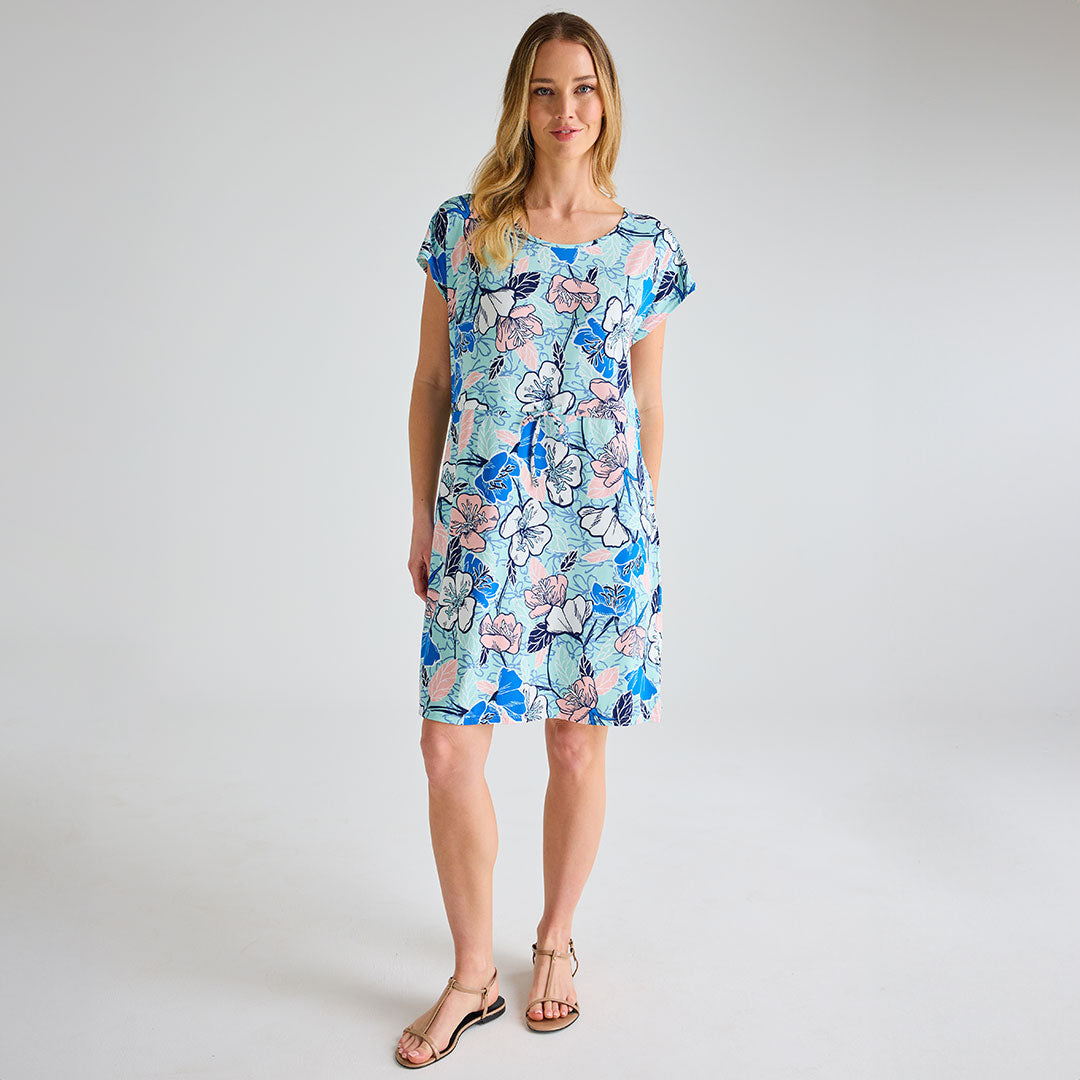 Ladies Blue Floral Cap Sleeve Printed Dress – You Know Who's